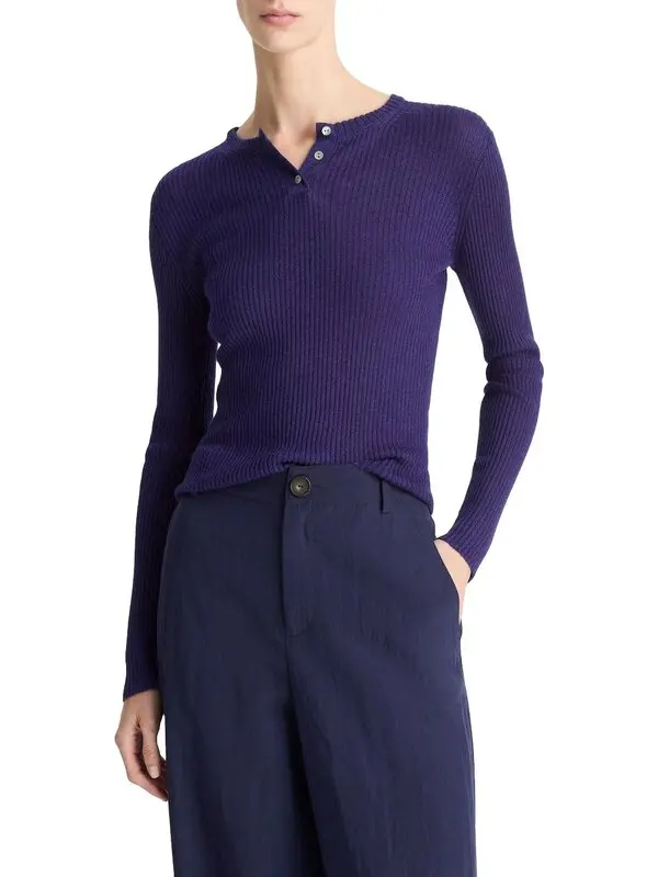Vince Ribbed Cashmere-silk Henley Sweater - Deep Iris