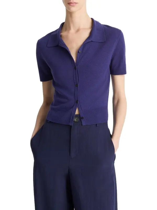 Vince Wool-blend Collared Button-front Sweater - Deep Iris