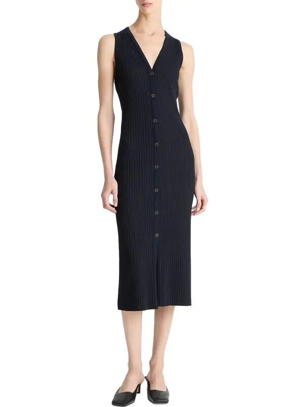 Vince Ribbed Cotton-blend Button-front Midi Dress - Coastal Blue