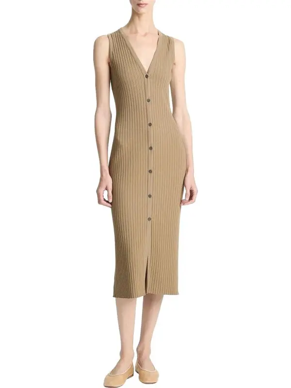 Vince Ribbed Cotton-blend Button-front Midi Dress - Tapenade