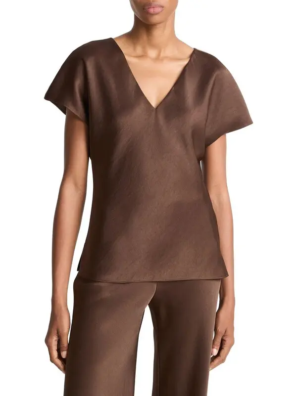 Vince Satin V-neck Blouse With Cap Sleeves - Espresso