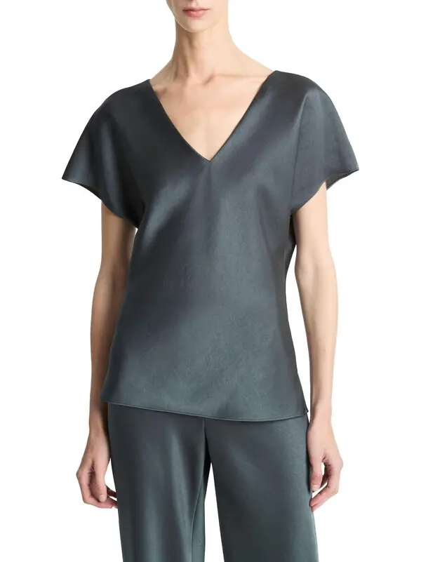 Vince Satin V-neck Blouse With Cap Sleeves - Malachite
