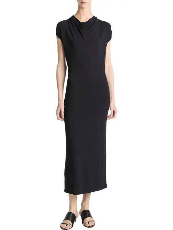 Vince Jersey Draped Cowl Neck Midi Dress - Black
