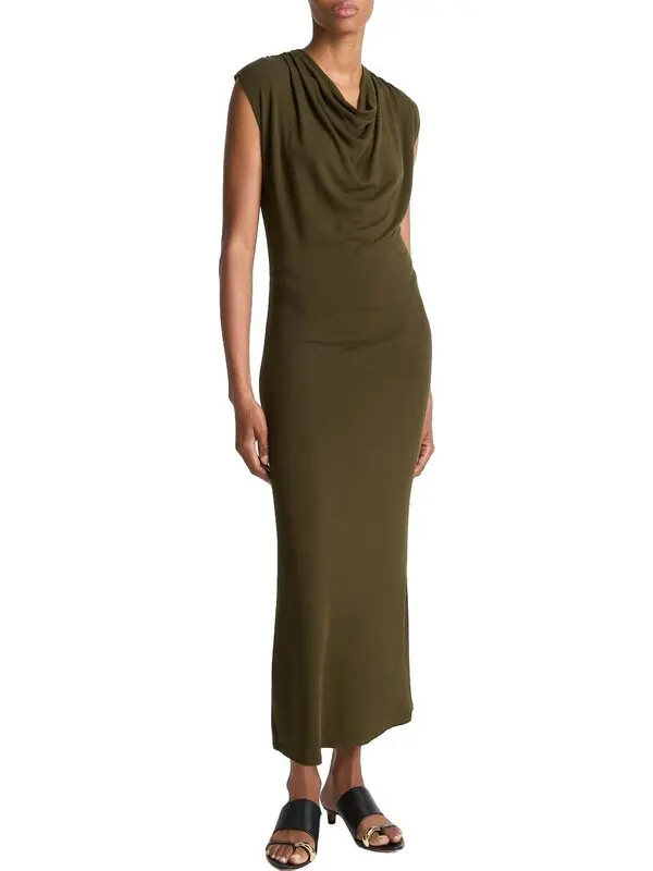 Vince Jersey Draped Cowl Neck Midi Dress - Verde