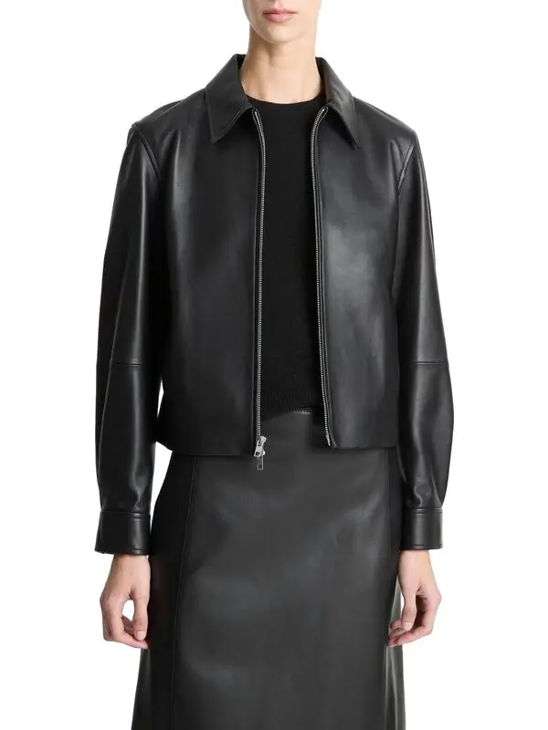 Vince Cropped Lambskin Leather Zip-front Jacket - Black