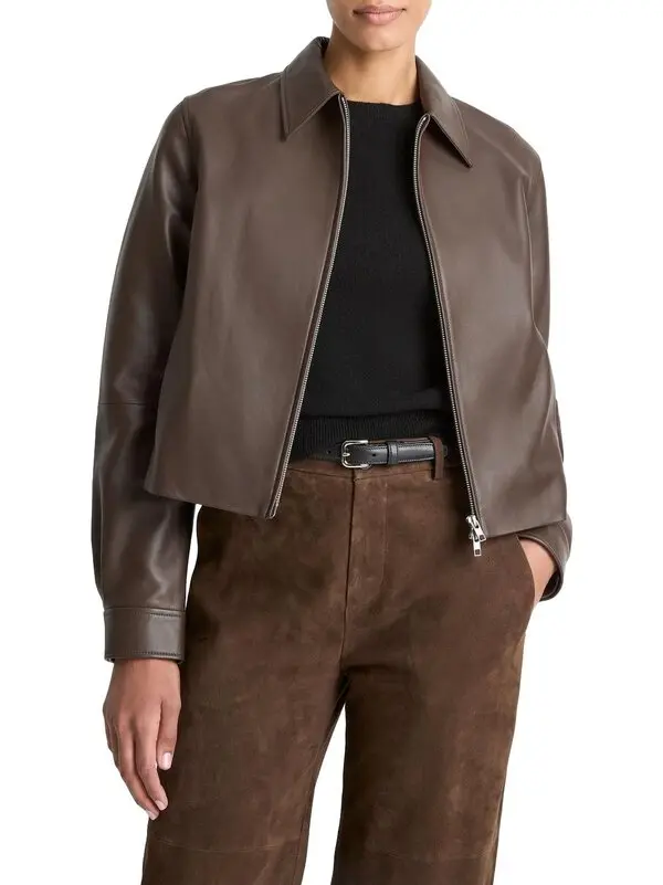 Vince Cropped Lambskin Leather Zip-front Jacket - Chocolate