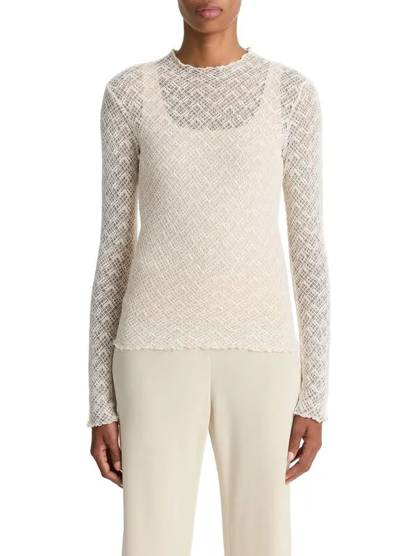 Vince Cotton-blend Diamond Lace Mock Neck Long Sleeve Top - Alabaster