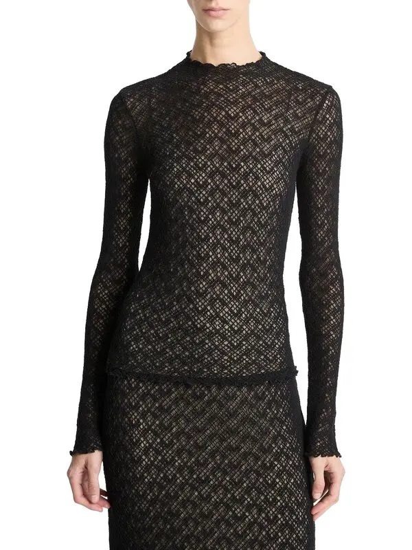 Vince Cotton-blend Diamond Lace Mock Neck Long Sleeve Top - Black