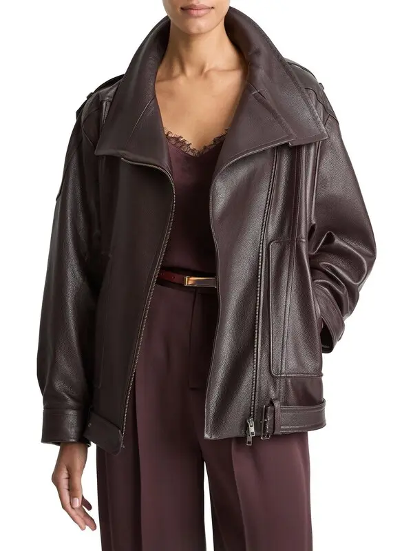 Vince Leather Oversized Biker Jacket - Dark Fig