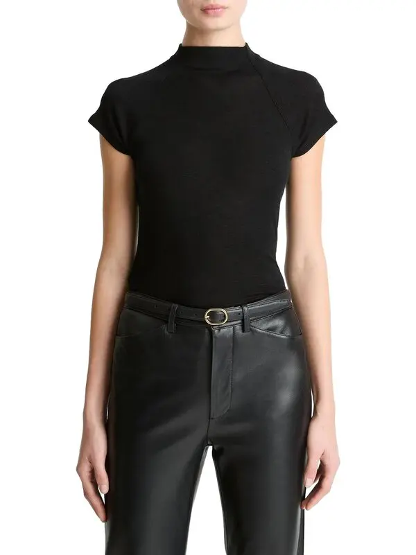 Vince Wool Raglan Cap-sleeve Mock Neck Top - Black
