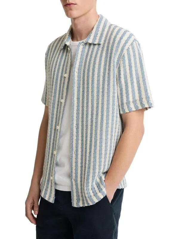 Vince Beach Stripe Italian Cotton-blend Button-front Shirt - Uniform Blue Combo