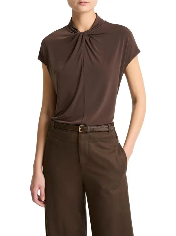 Vince Twist-neck Matte Jersey Cap-sleeve Top - Dark Bark