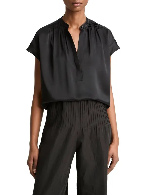 Vince Silk Gathered Cap-sleeve Blouse - Black