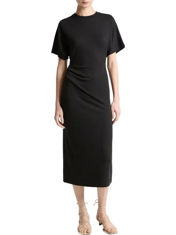 Vince Ruched Side Knit Short Sleeve Midi Dress - Black