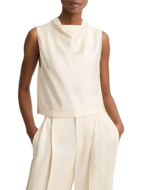 Vince Satin Cropped Cowl Neck Top - Flax
