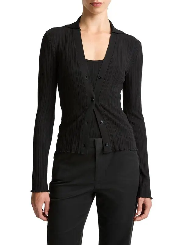 Vince Variegated Rib Cotton-blend Polo Top - Black