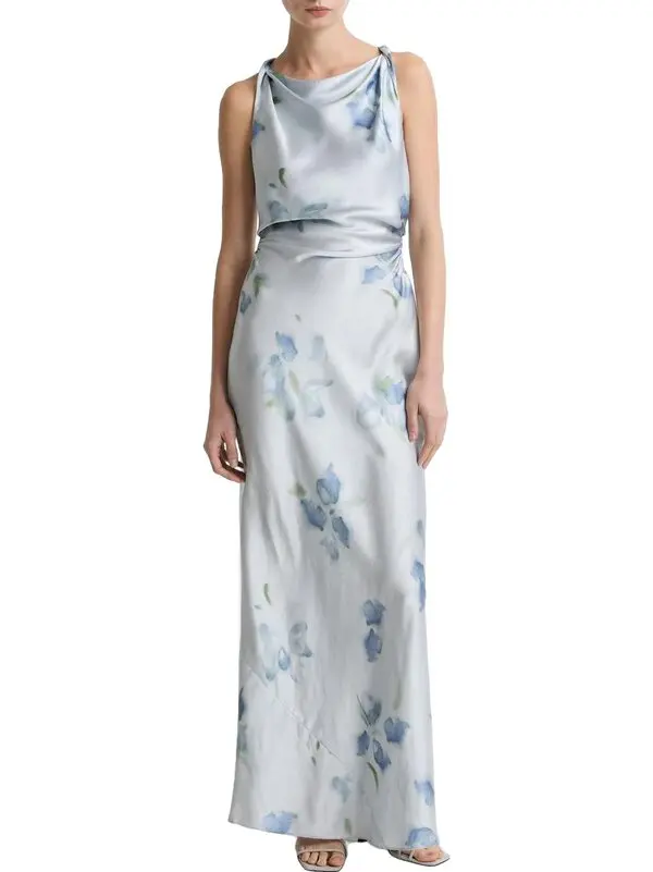Vince Petal Blur Satin Twist-shoulder Maxi Dress - Soft Grey