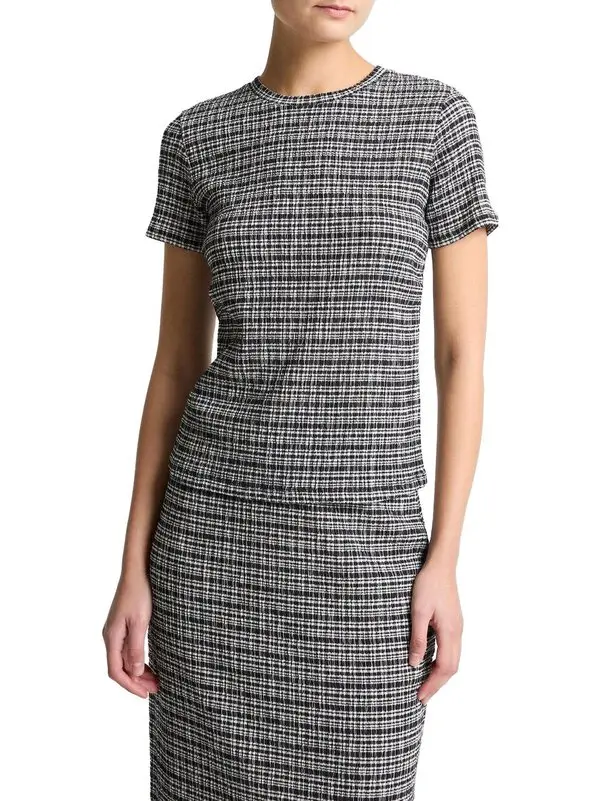 Vince Checked Grid-knit Short-sleeve Crew Neck Top - Eclipse Combo