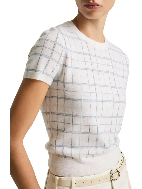 Vince Plaid Cashmere Blend Short Sleeve Sweater - Lagoon Combo