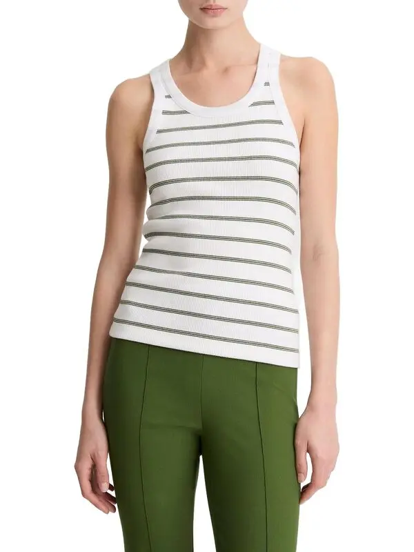 Vince Striped Ribbed Scoop Neck Tank Top - Herb Combo