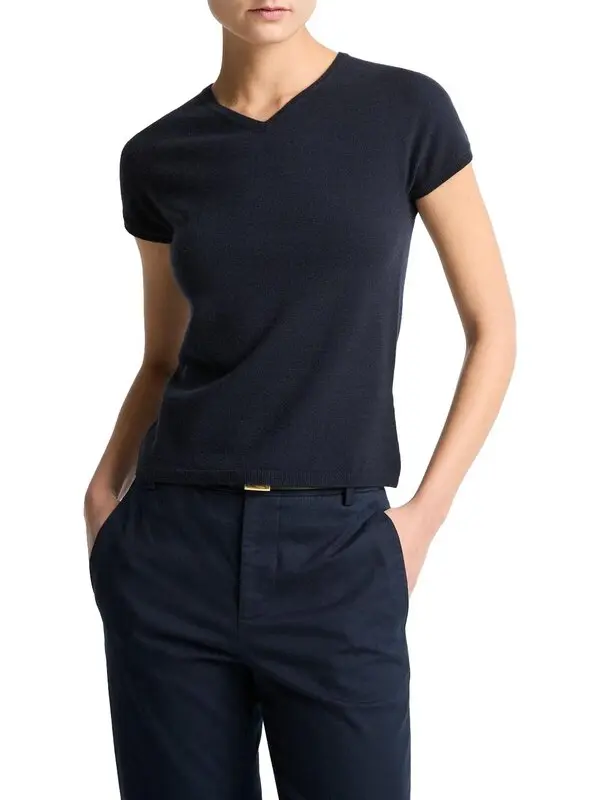 Vince Wool & Cashmere-blend High V-neck Short-sleeve Sweater - Eclipse