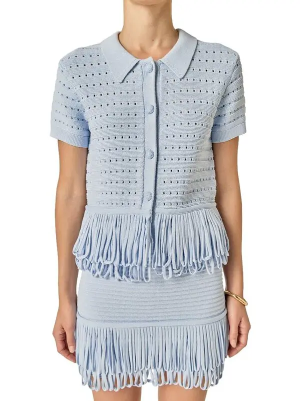 English Factory Fringe Trim Knit Button-up Top - Powder Blue