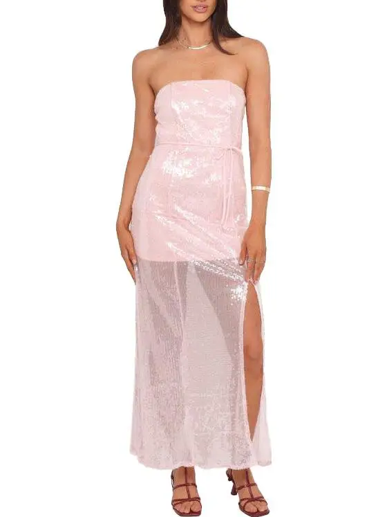 PETAL & PUP Strapless Sequin Maxi Dress With Sheer Skirt And Slit - Pink Sequin