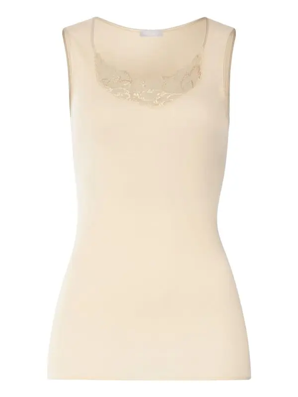 Hanro Cotton Belen Tank Top With Lace Neckline Detail - Beige