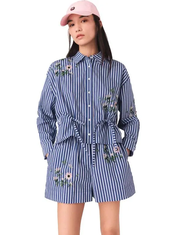 Maje Cropped Striped Shirt With Floral Embroidery And Drawstring Waist - White/blue