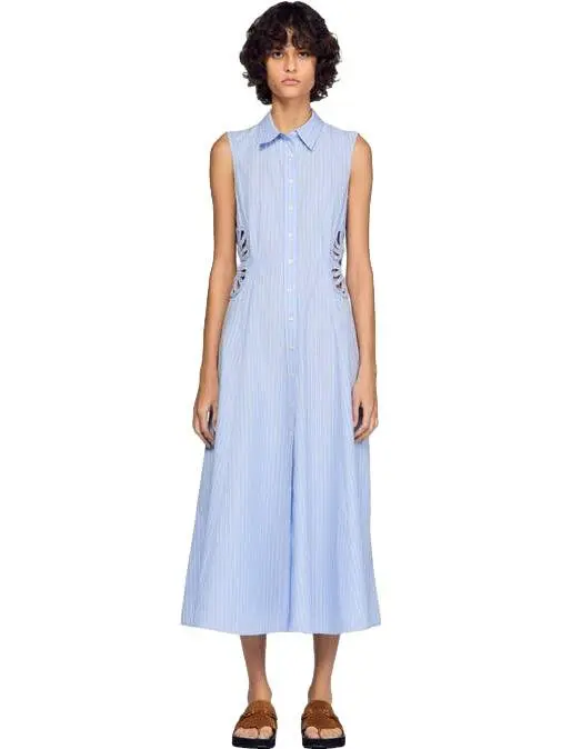 Sandro Striped Cotton Maxi Dress With Rhinestone Shell Embroidery - Sky Blue