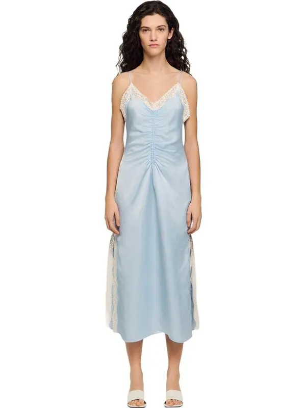 Sandro Satin-effect Maxi Dress With Lace Trim - Sky Blue