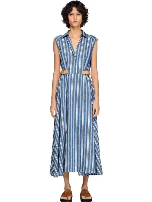 Sandro Striped Maxi Dress With Leather Tab Detail - Blu/white