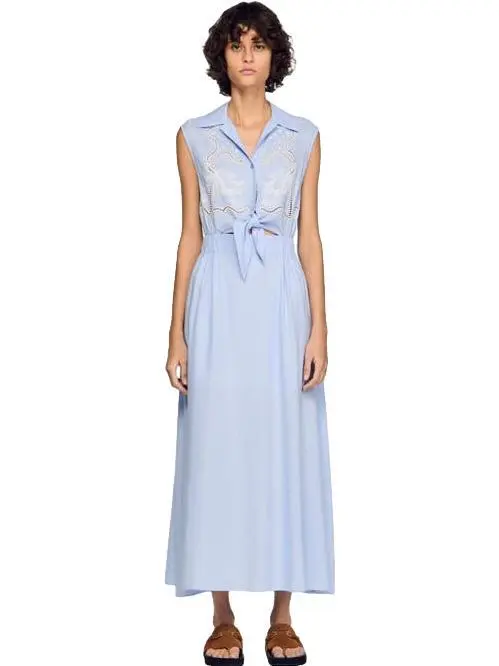 Sandro Embroidered Linen Maxi Dress - Sky Blue