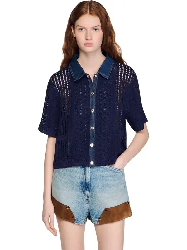 Sandro Crochet And Denim Cardigan - Navy Blue