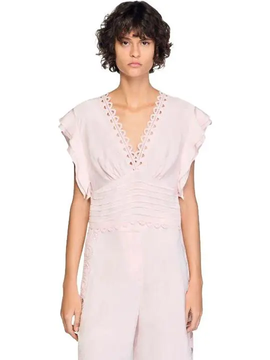 Sandro Floral Jacquard Crop Top With Ruffled Sleeves - Pink