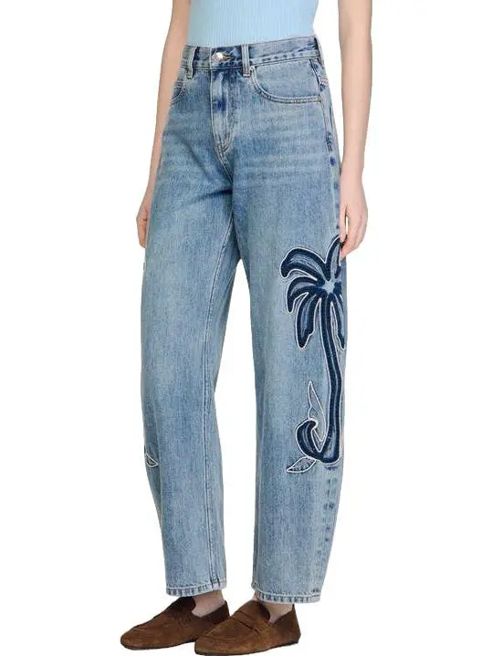 Sandro Palm Embroidered Wide Barrel Jeans - Blue Jean