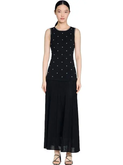 Sandro Rhinestone Embellished Knit Maxi Dress - Black