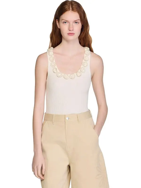 Sandro Ribbed Sweater With Beaded Roses - White