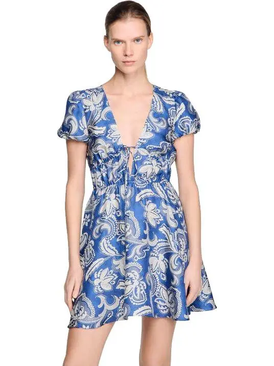 Sandro Short Floral Print V-neck Dress - Blue/ecru