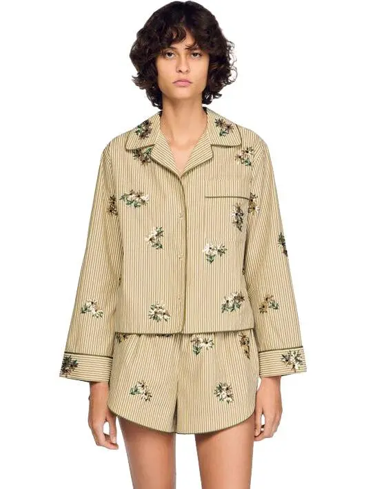 Sandro Striped Shirt With Embroidered Flowers - Olive Green