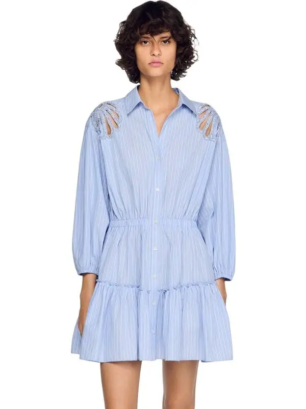 Sandro Striped Cotton Shirt Dress With Rhinestone Shell Embroidery - Sky Blue
