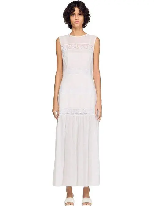 Sandro Crepon Maxi Dress With Lace Trim - White