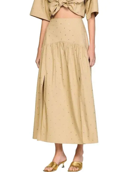 Sandro Long Rhinestone Embellished Cotton Skirt - Beige