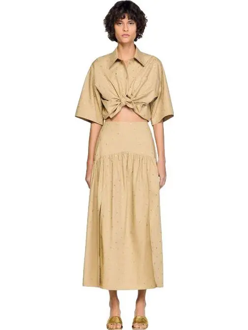 Sandro Long Rhinestone Embellished Cotton Skirt - Beige