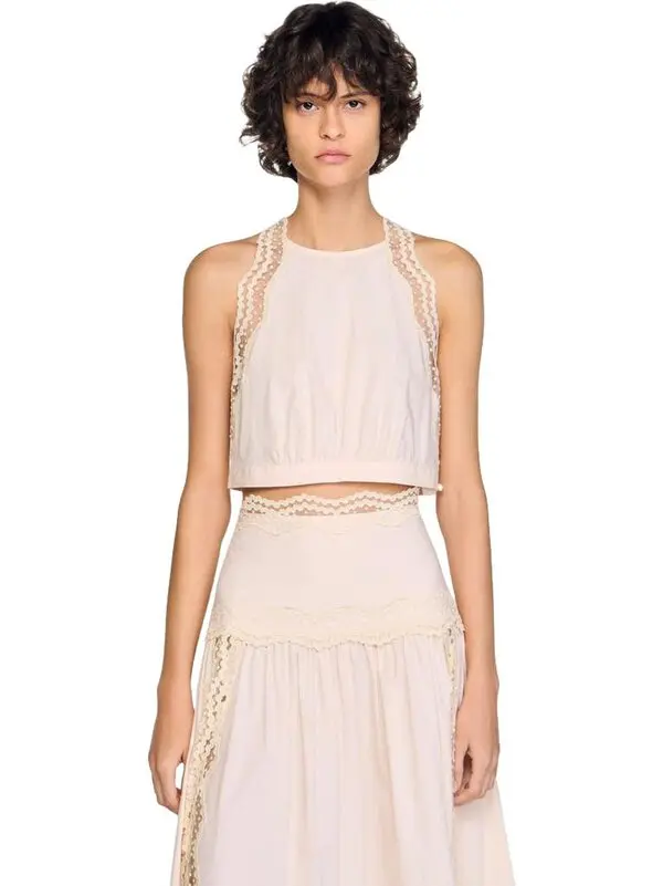 Sandro Cotton Crop Top With Lace Trim - Light Pink
