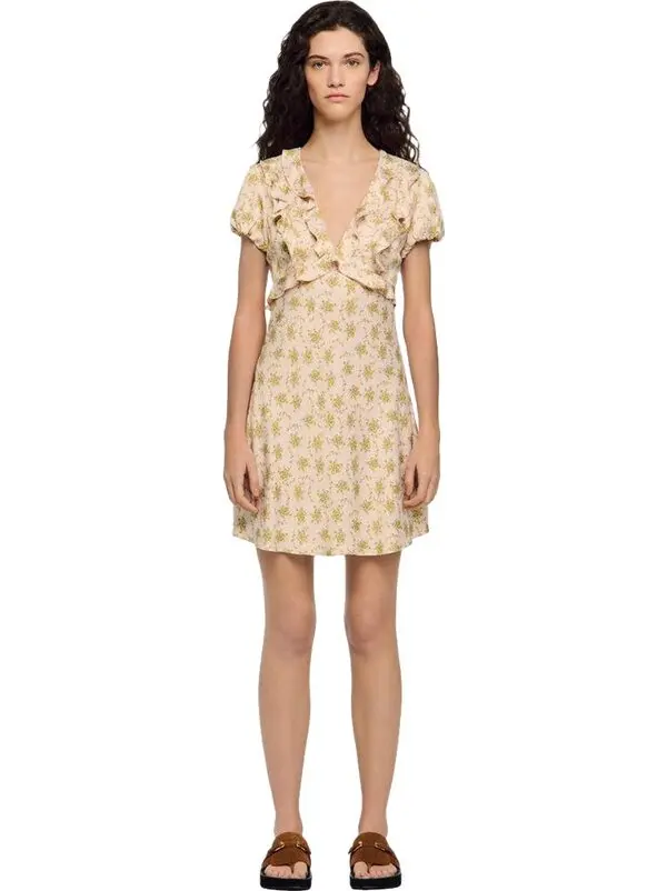 Sandro Floral Print Ruffled V-neck Short Dress - Light Pink