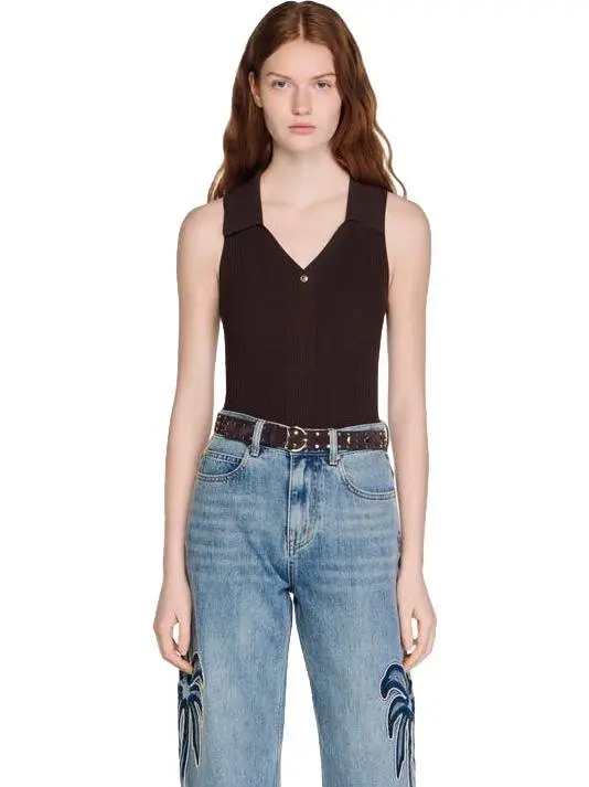 Sandro Ribbed Knit Polo Bodysuit - Brown