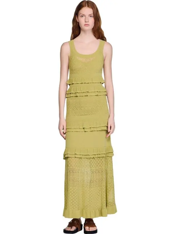 Sandro Ruffled Knit Maxi Dress - Green