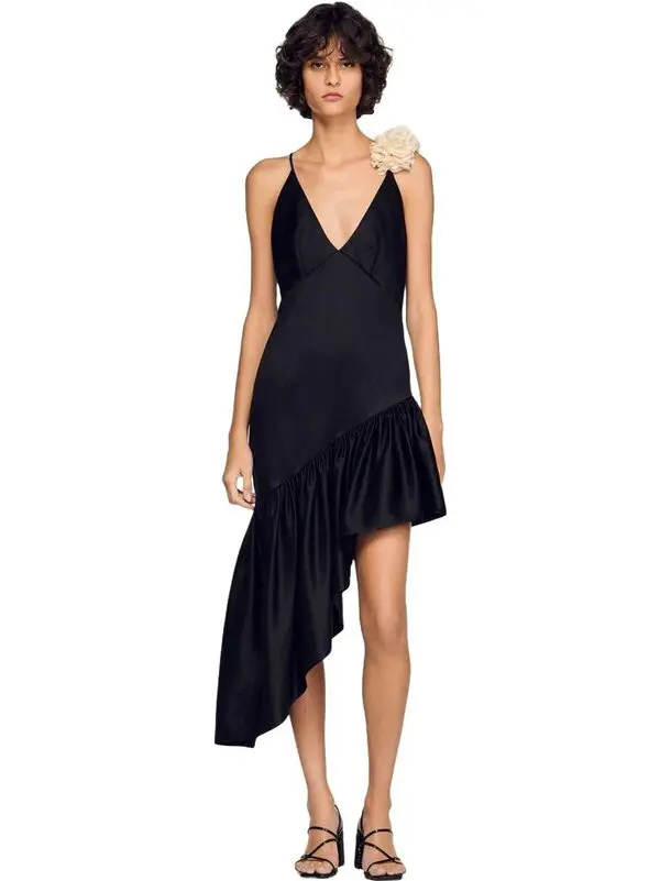 Sandro Asymmetrical Ruffled V-neck Dress - Black