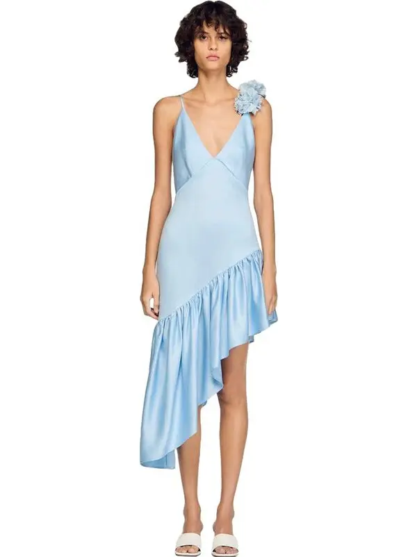 Sandro Asymmetrical Ruffled V-neck Dress - Blue Sky